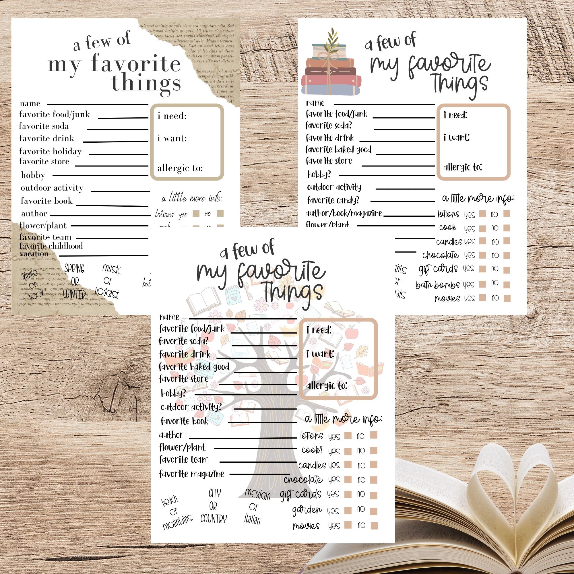 Favorite Things Questionnaire/secret Sister Questionnaire/book Themed ...