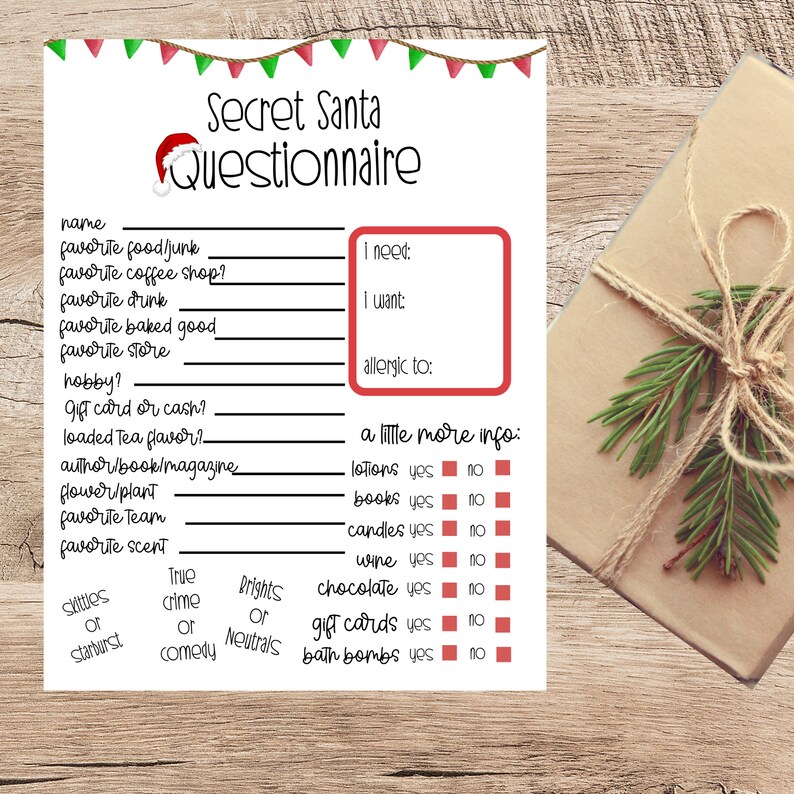 Secret Santa Questionnaire Printable: Christmas Gift Exchange (digital ...