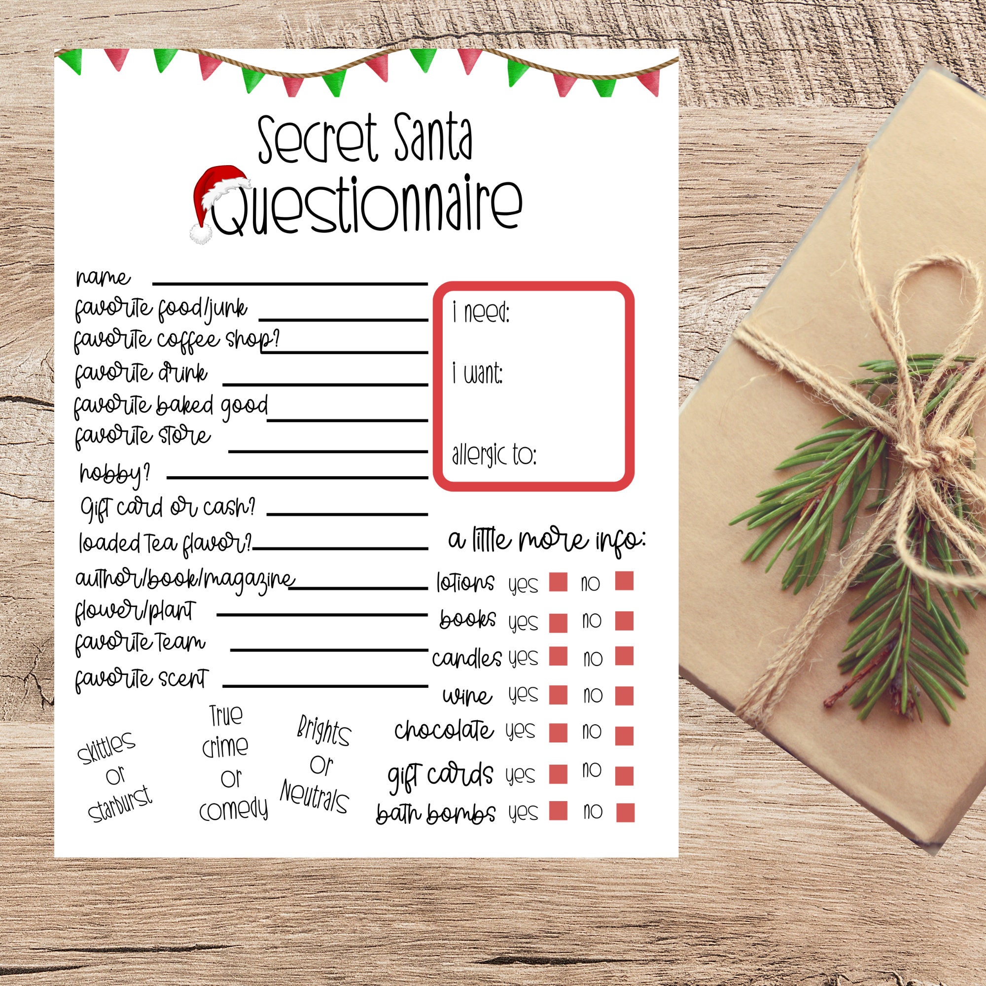 Printable Secret Santa Questionnaire for Gift Exchange/christmas Secret ...