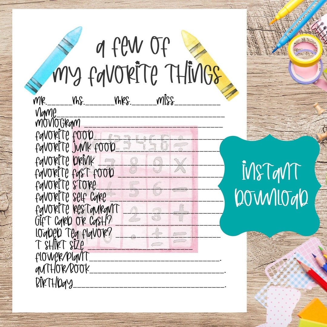 Teacher Favorite Things Printable Survey Form (digital Download) - Etsy