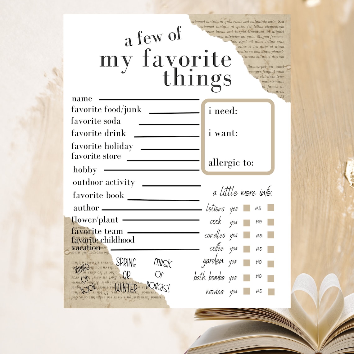 Favorite Things Questionnaire/secret Sister Questionnaire/book Themed ...