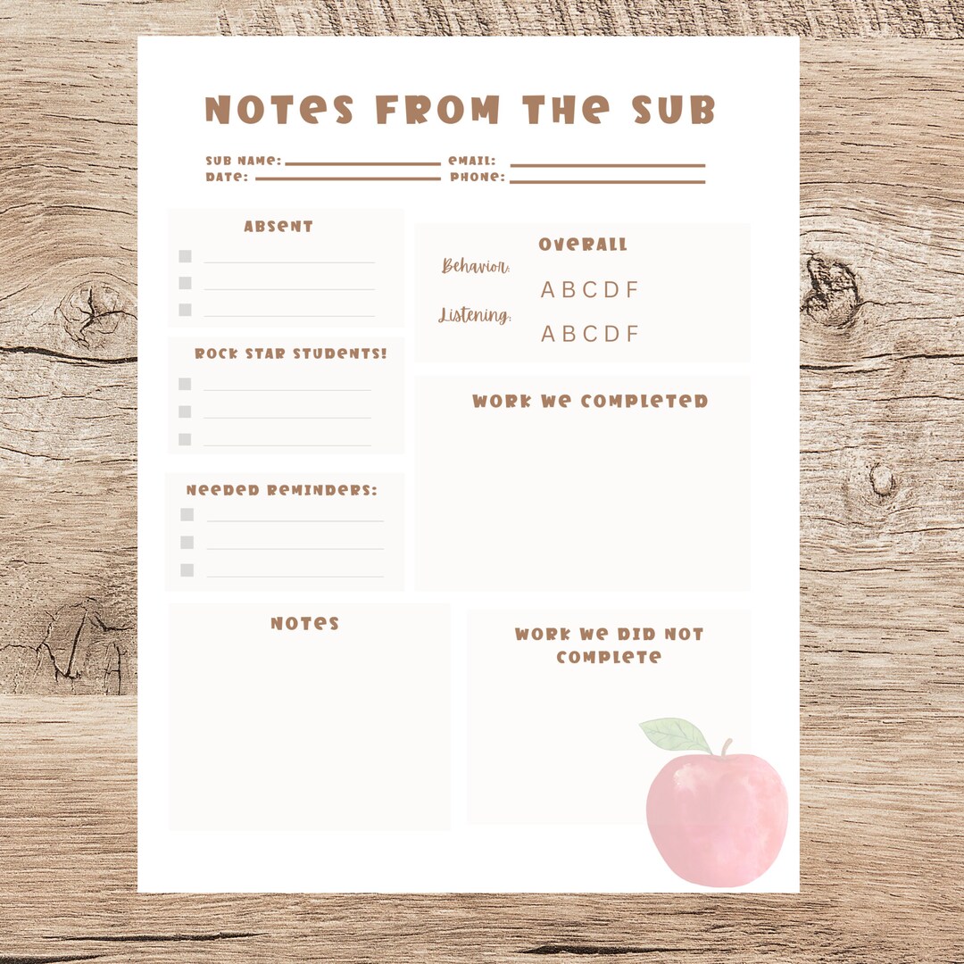 Substitute Teacher Note Template: Editable Form (digital Download) - Etsy