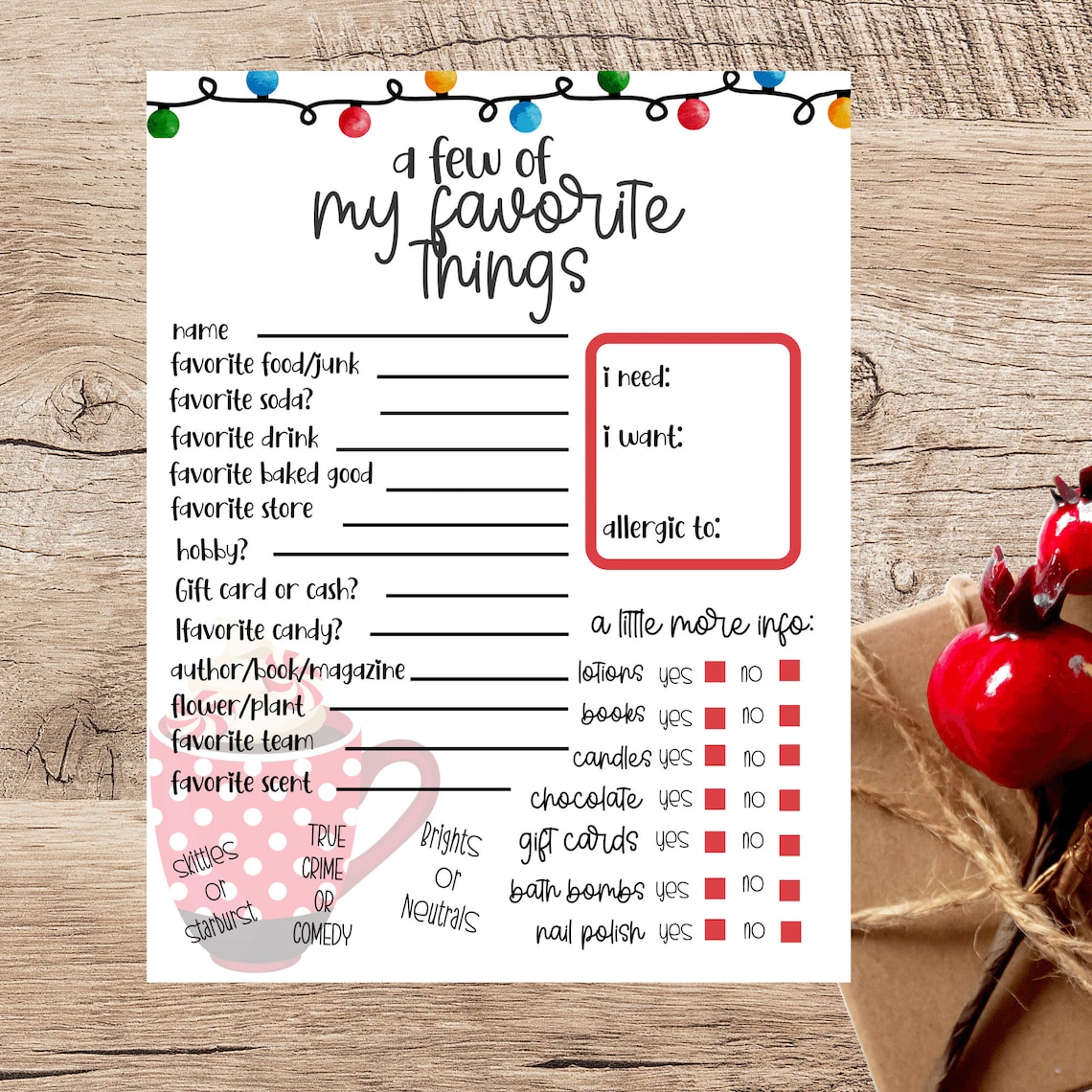 Secret Santa Survey: Favorite Things Questionnaire (digital Download ...