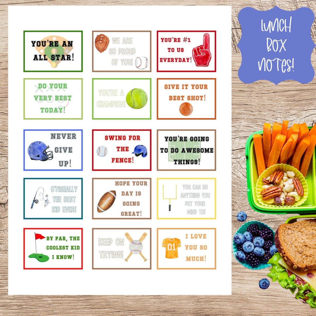 Printable Lunch Box Notes/ Sports Message Cards for Lunch Box for Kids ...