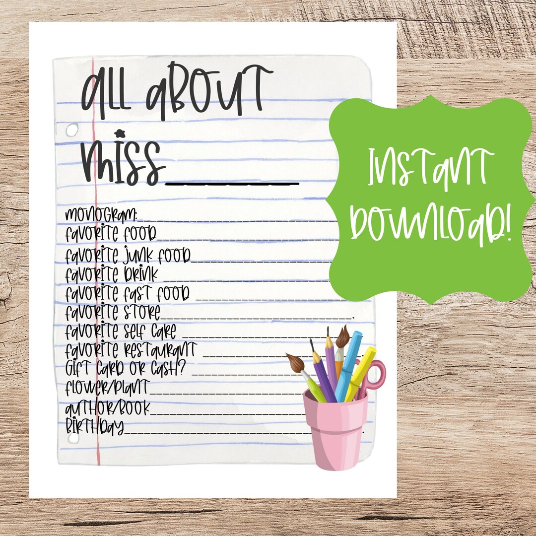 Teacher Appreciation Gift/all About My Teacher Printable/ Instant ...