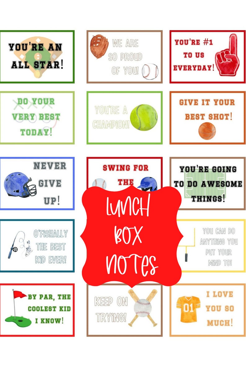Printable Lunch Box Notes/ Sports Message Cards for Lunch Box for Kids ...