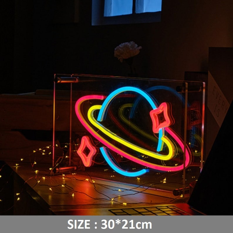 Planet Neon Sign With Acrylic Board Space Neon Box Neon - Etsy