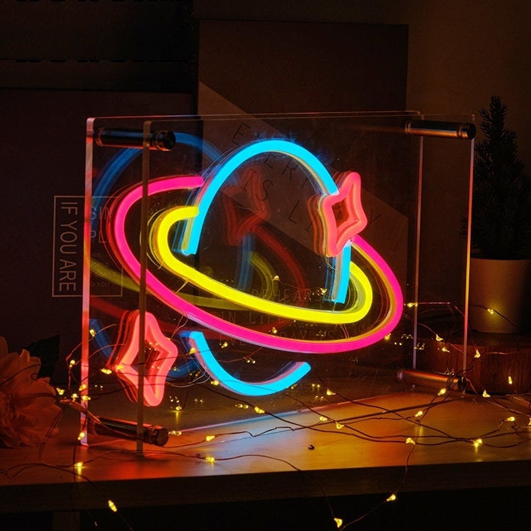 Planet Neon Sign With Acrylic Board Space Neon Box Neon - Etsy