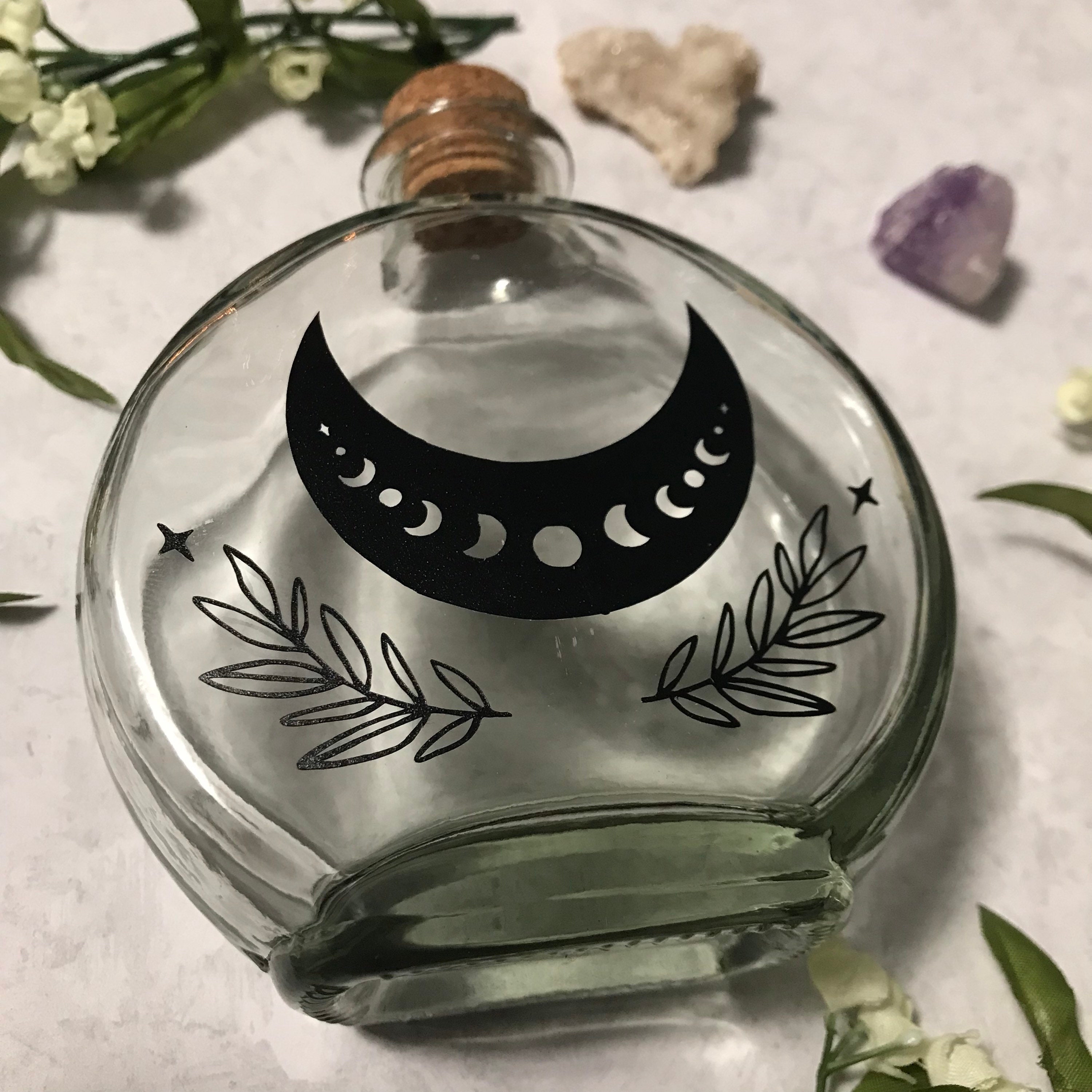 Crescent Moon Moon Phase Glass Bottle With Cork Full Moon - Etsy