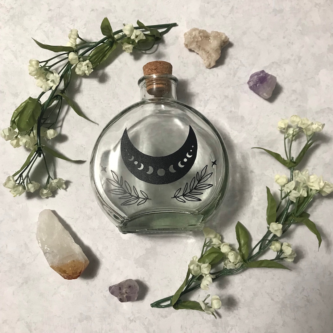 Crescent Moon Moon Phase Glass Bottle With Cork | Full Moon | Dark Moon ...