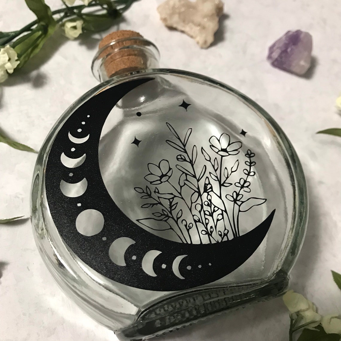 Moon Phase & Floral Glass Bottle With Cork Full Moon Dark - Etsy