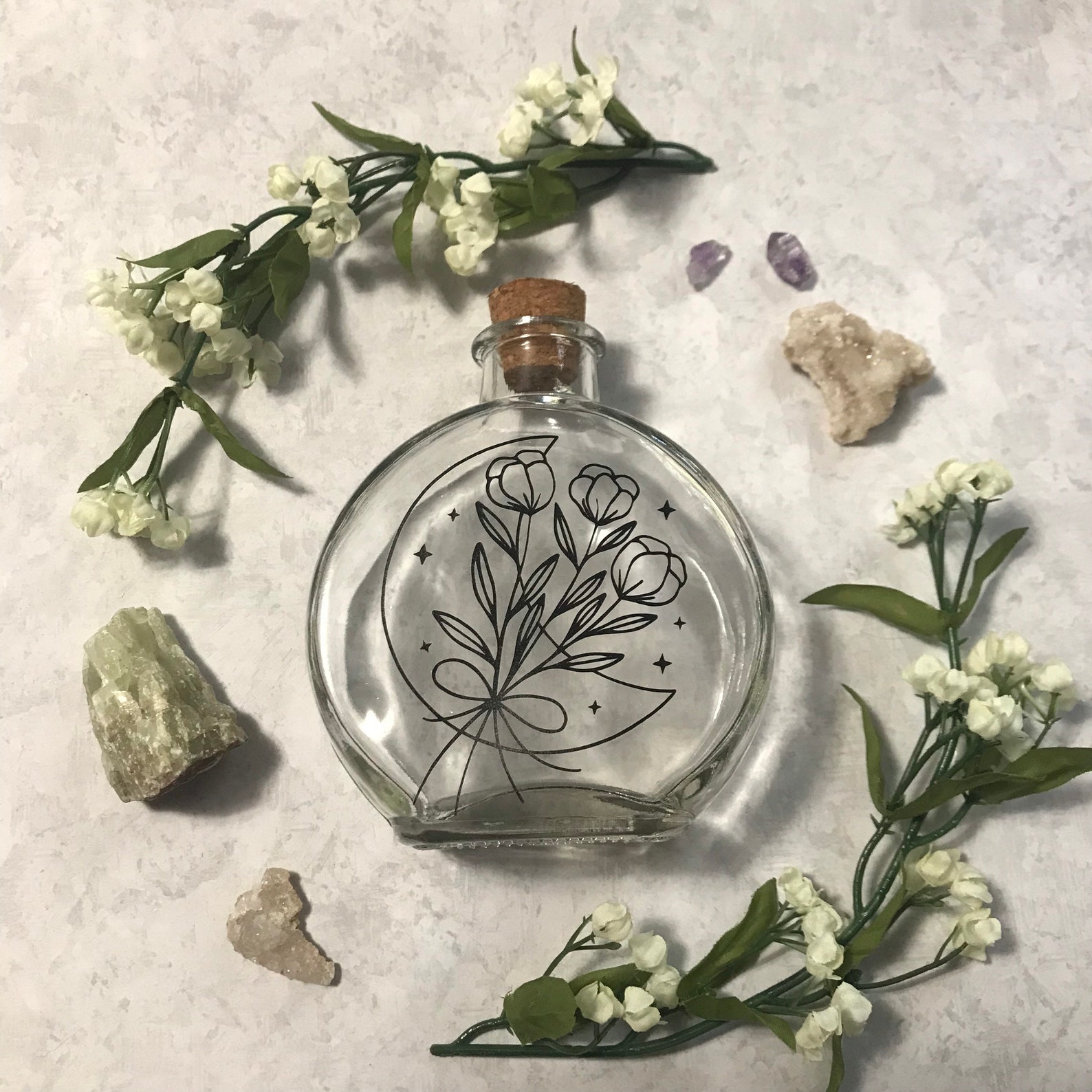 Moon Water Moon & Flowers Glass Bottle With Cork Full Moon | Etsy