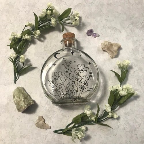 Moon Phase & Floral Glass Bottle With Cork Full Moon Dark | Etsy