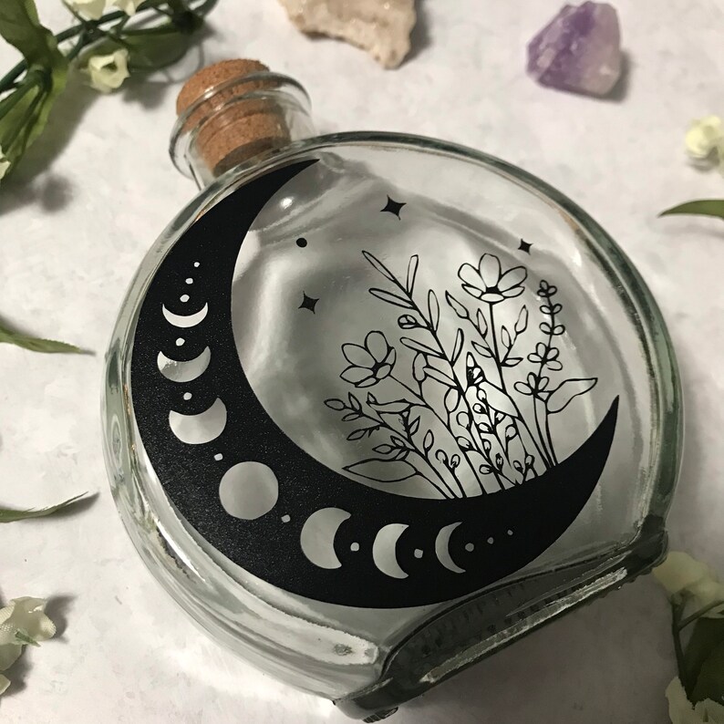 Moon Phase & Floral Glass Bottle With Cork Full Moon Dark | Etsy