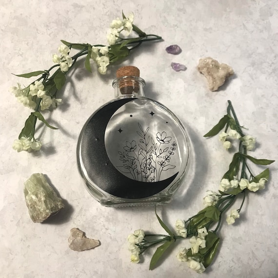 Crescent Moon Water Floral Glass Bottle With Cork Full Moon - Etsy