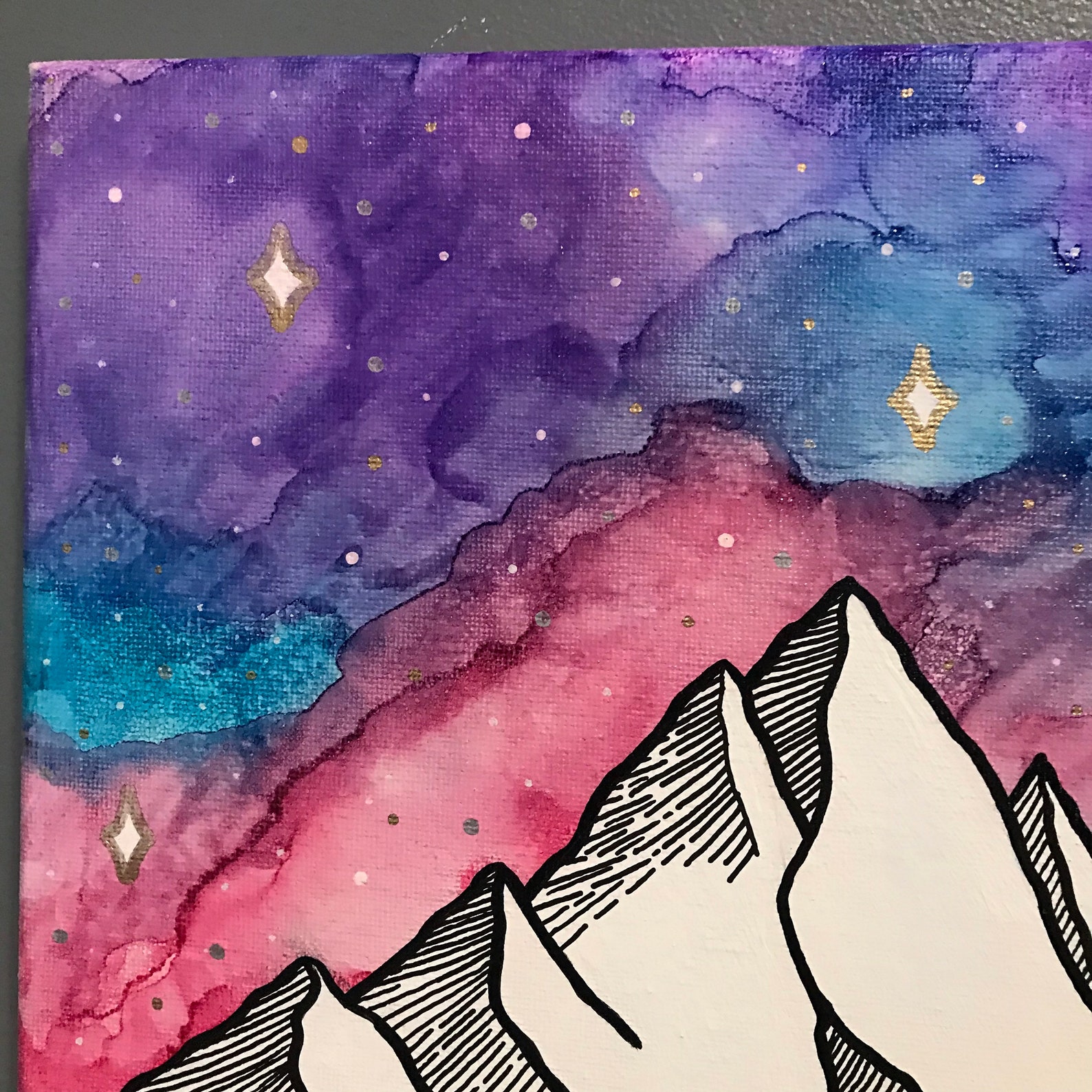 Crescent Moon Mountain Landscape Alcohol Ink Canvas Painting - Etsy