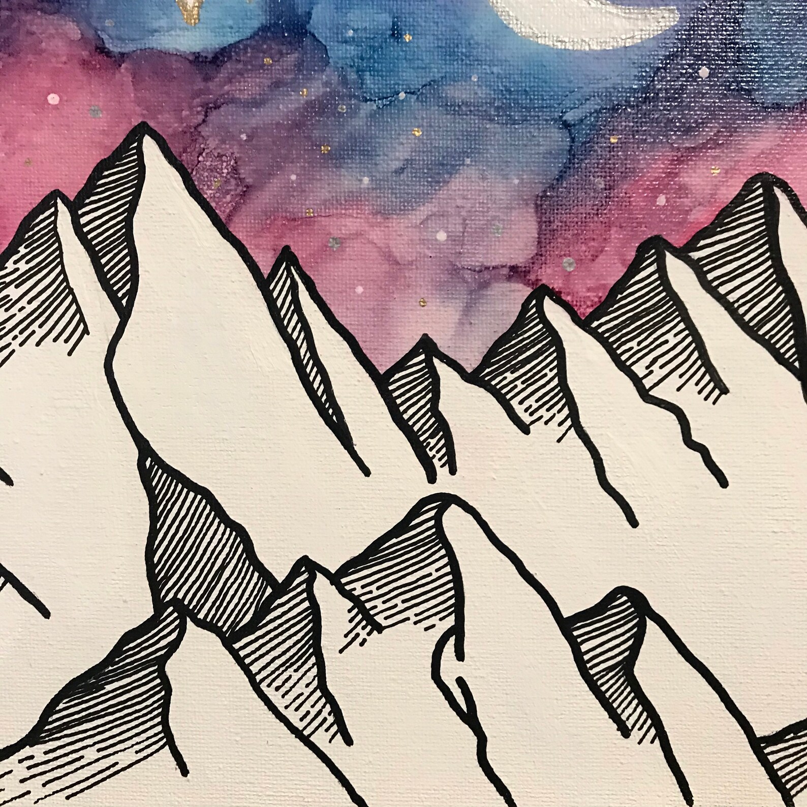 Crescent Moon Mountain Landscape Alcohol Ink Canvas Painting - Etsy