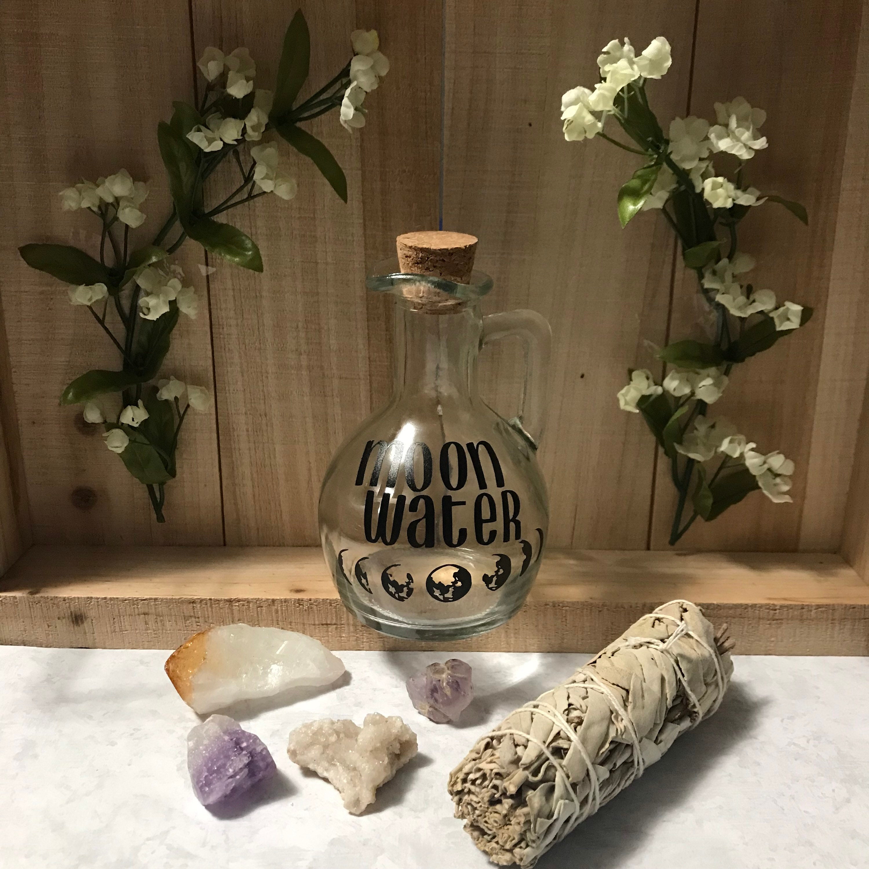 Moon Water With Moon Phase Glass Bottle With Cork | Full Moon | Dark ...