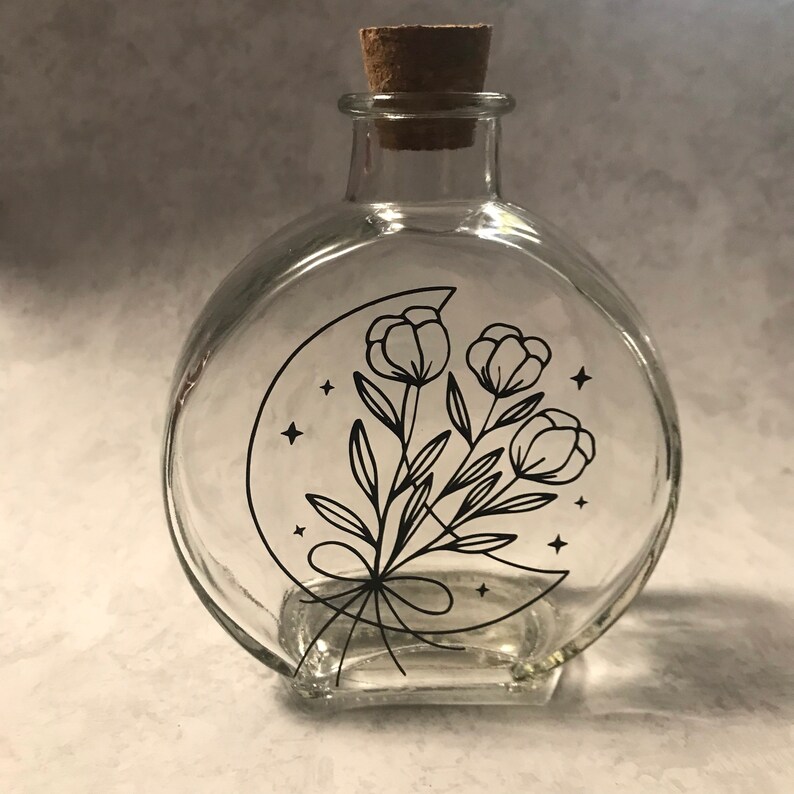 Moon Water Moon & Flowers Glass Bottle With Cork Full Moon | Etsy