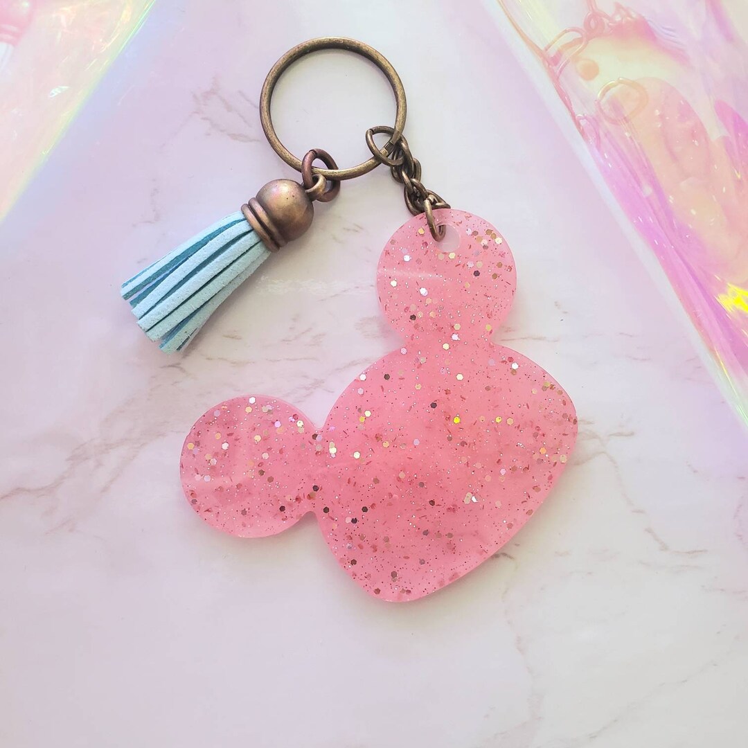 Pink Glitter Mickey Head Keychain With Tassel - Etsy
