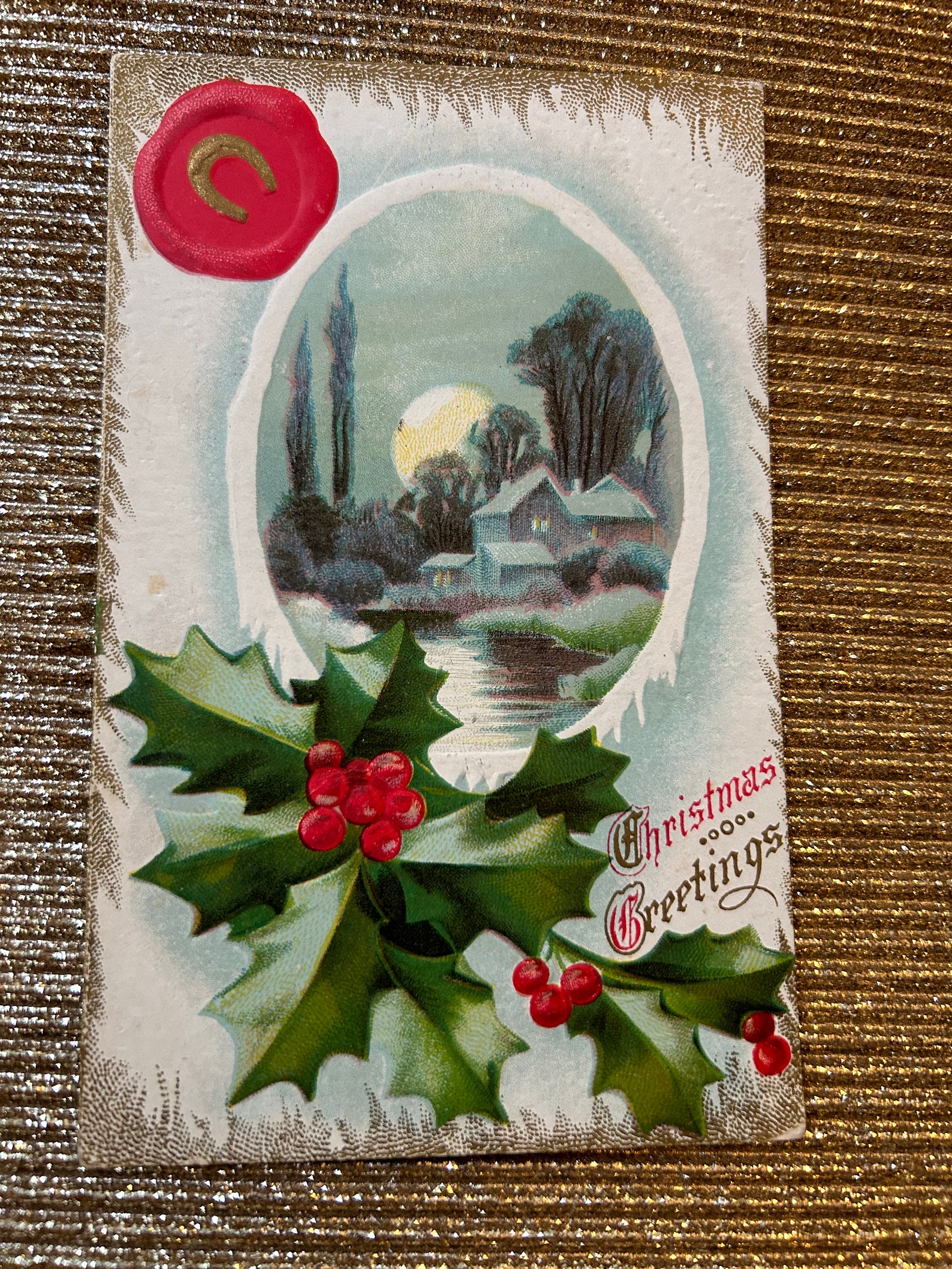 Vintage Christmas Postcard Moonlit Night Snow Home Holly - Etsy