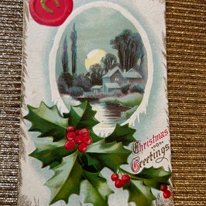Vintage Christmas Postcard Moonlit Night Snow Home Holly - Etsy