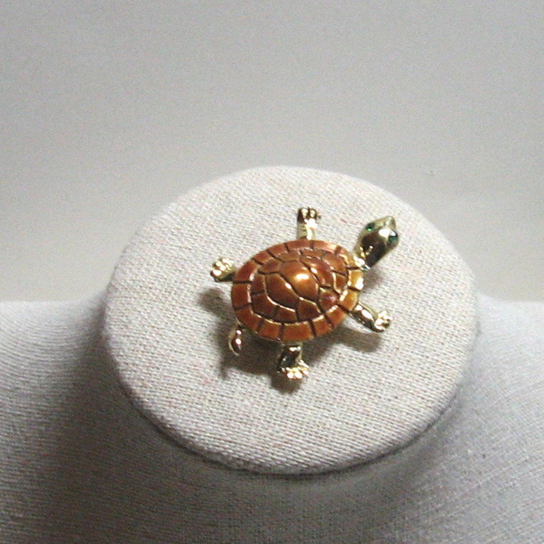 Vintage 1960s Poky Turtle Pin, Brown Enamel and Rhinestones, Gold Tone ...