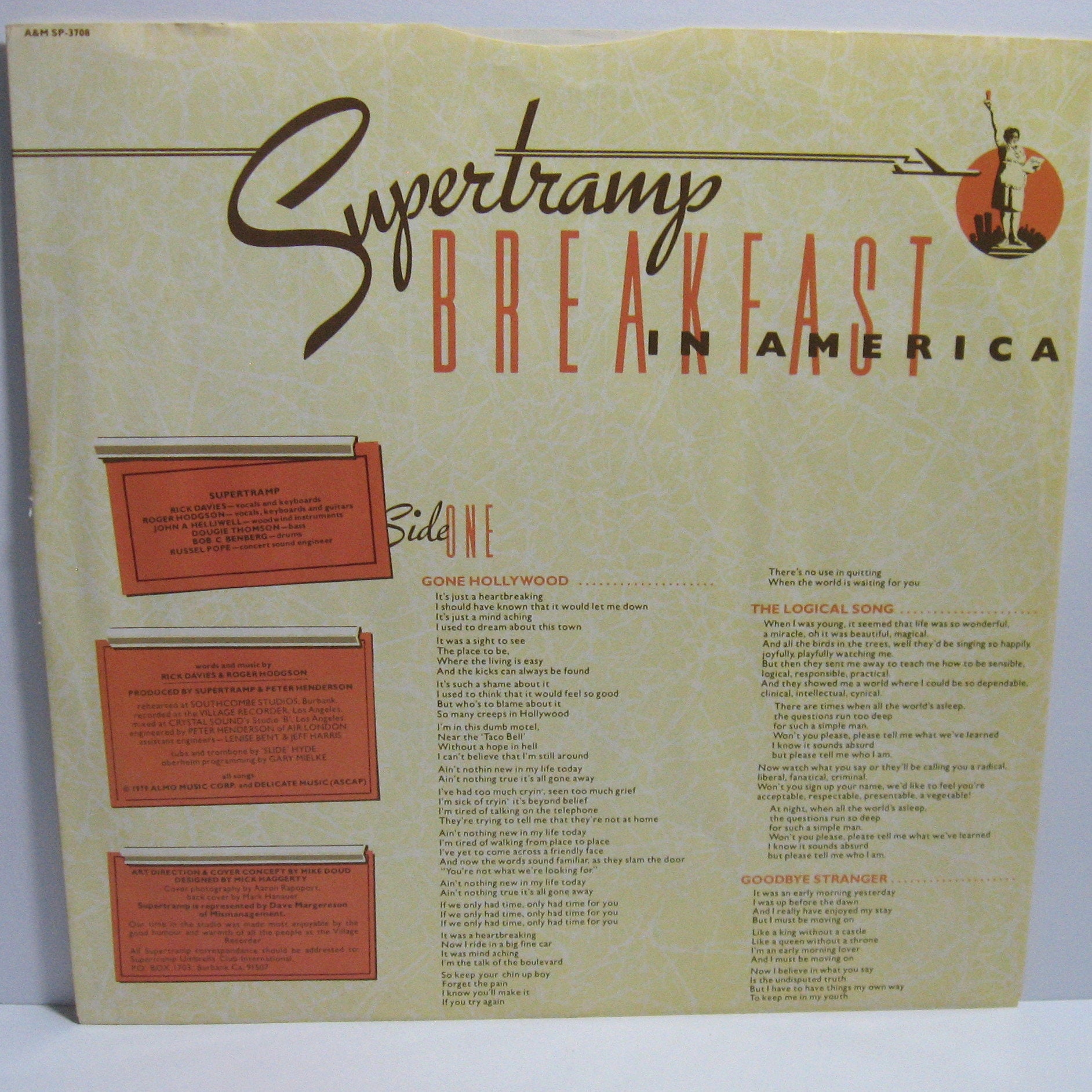 Vintage 1979 breakfast in America Vinyl Album, Supertramp, SP3708, A&M ...