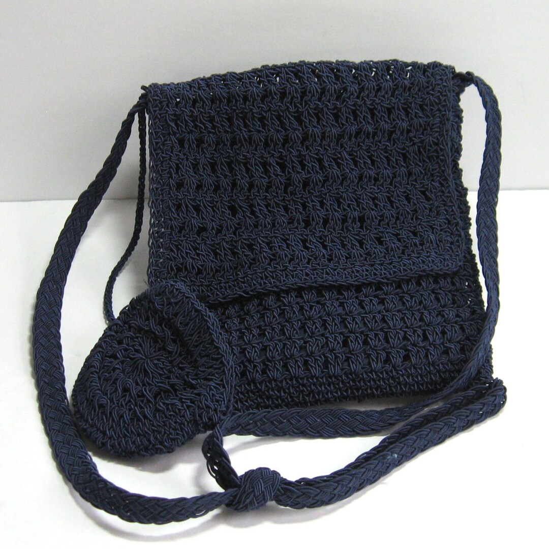 Vintage 1990s Navy Blue Rayon Macrame Women's Crossbody Bag W/flap ...