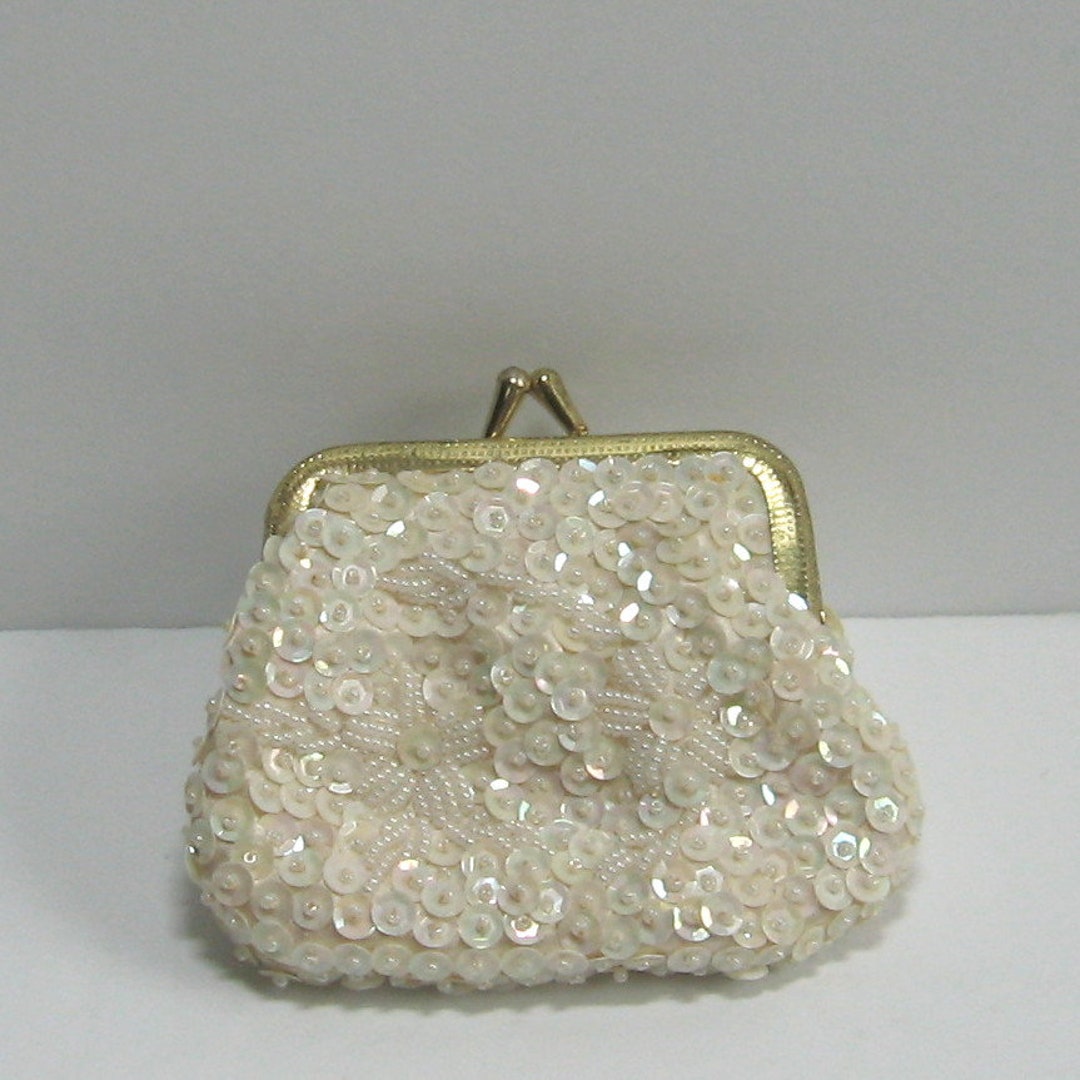 Vintage 1980s Lovely Little Coin Purse, White Sequins & Pearl Seed ...