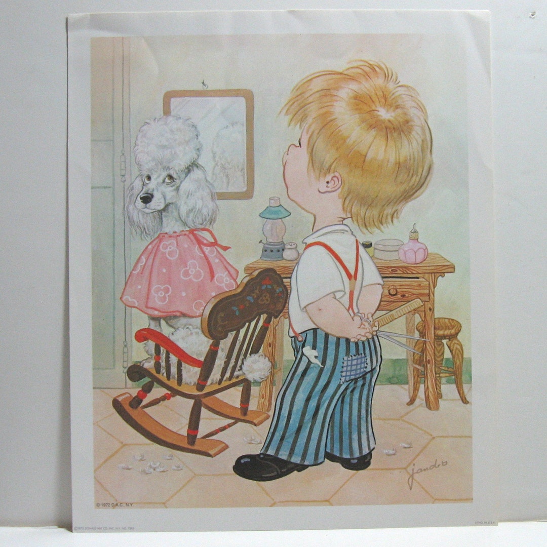 Vintage 1972 Jandro Print, Little Boy "barbering" His Poodle, 9" X 11 ...