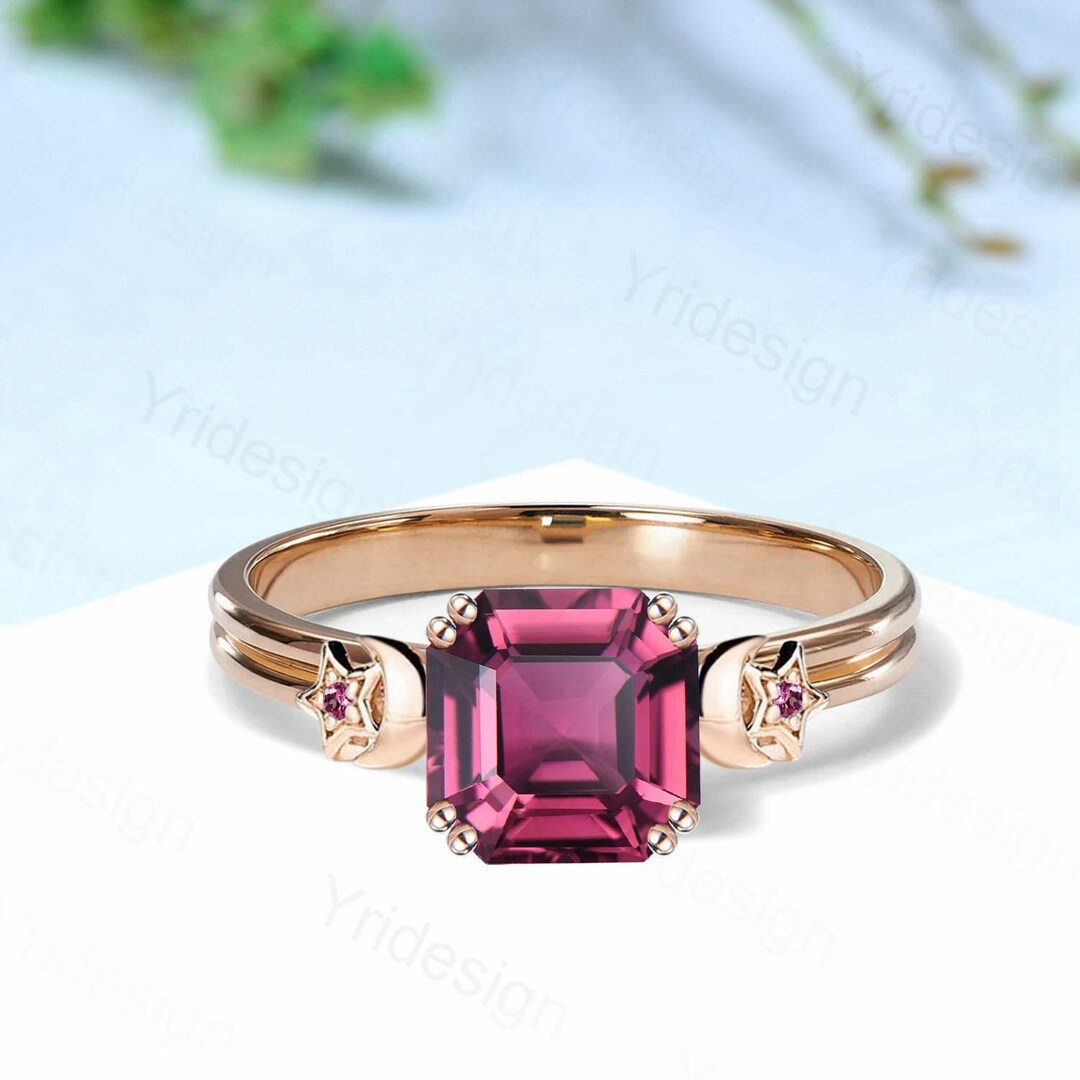 Unique Moon Star Asscher Pink Tourmaline Ring Vintage Split Shank Pink ...