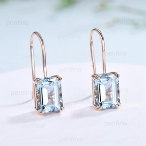 Vintage Aquamarine Earrings Emerald Cut Stud Earrings March Birthstone Earrings Solid 14k 18k ...