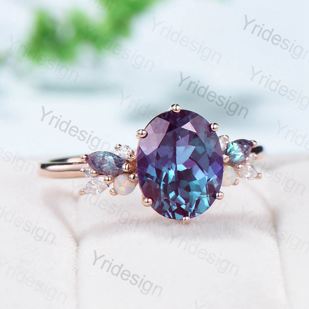 8x10mm Oval Lab Alexandrite Engagement Ring Vintage Unique 10K/14K /18K ...