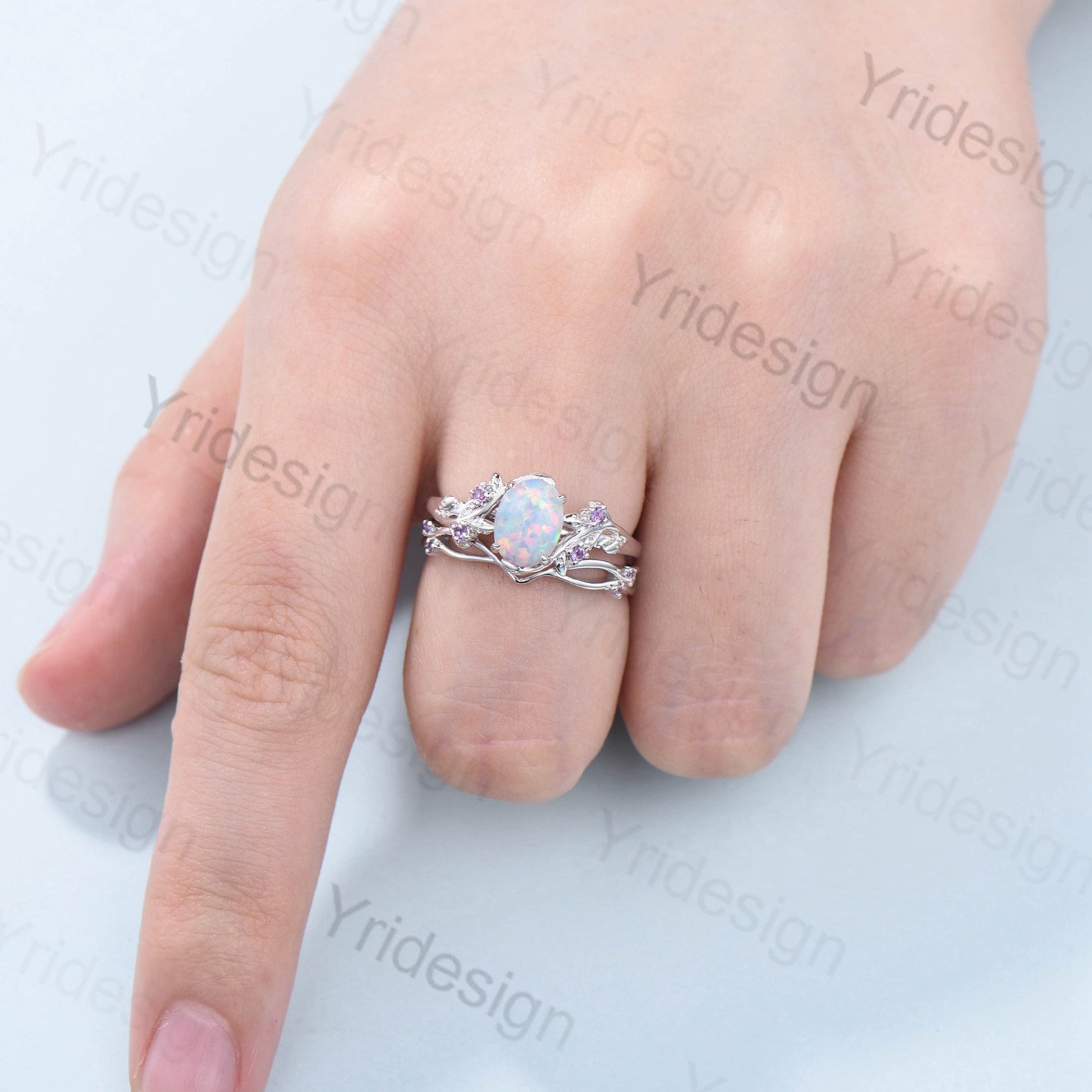 2pcs Fire Opal Engagement Ring Set Natural Inspired Leaf 14k - Etsy