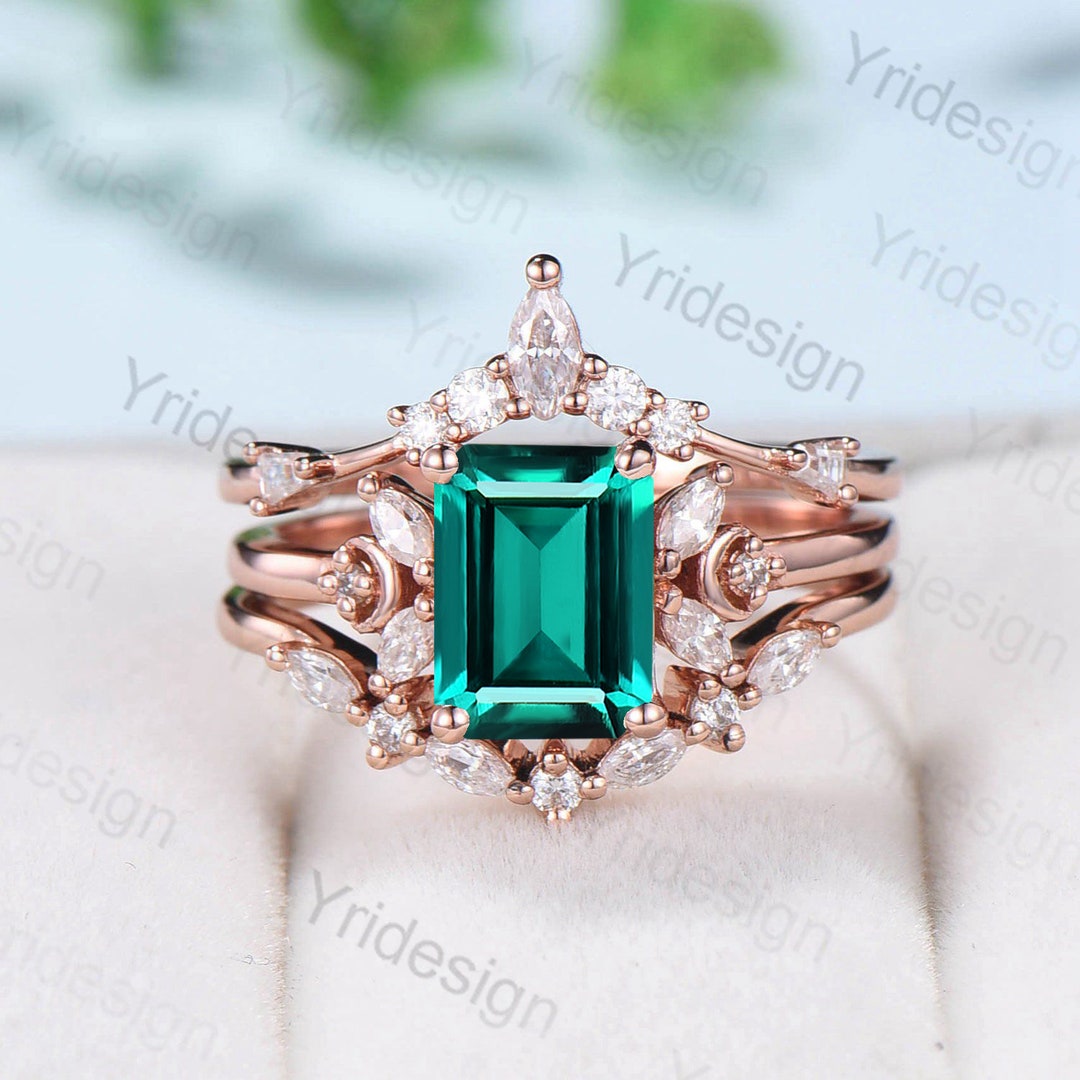 Emerald Cut Emerald Wedding Ring Set Vintage Unique Moon - Etsy