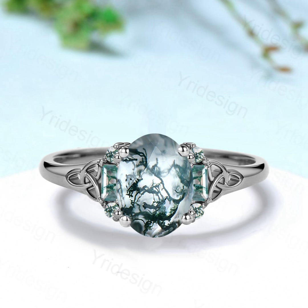 Celtic Knot Moss Agate Engagement Ring, Norse Viking Amethyst Wedding ...