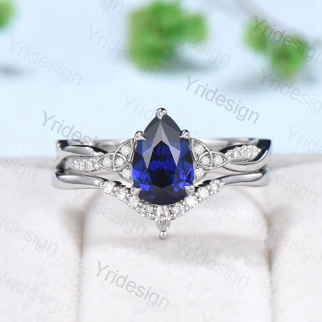 Vintage Sapphire Engagement Ring Floral Bridal Set Norse Viking Pear ...