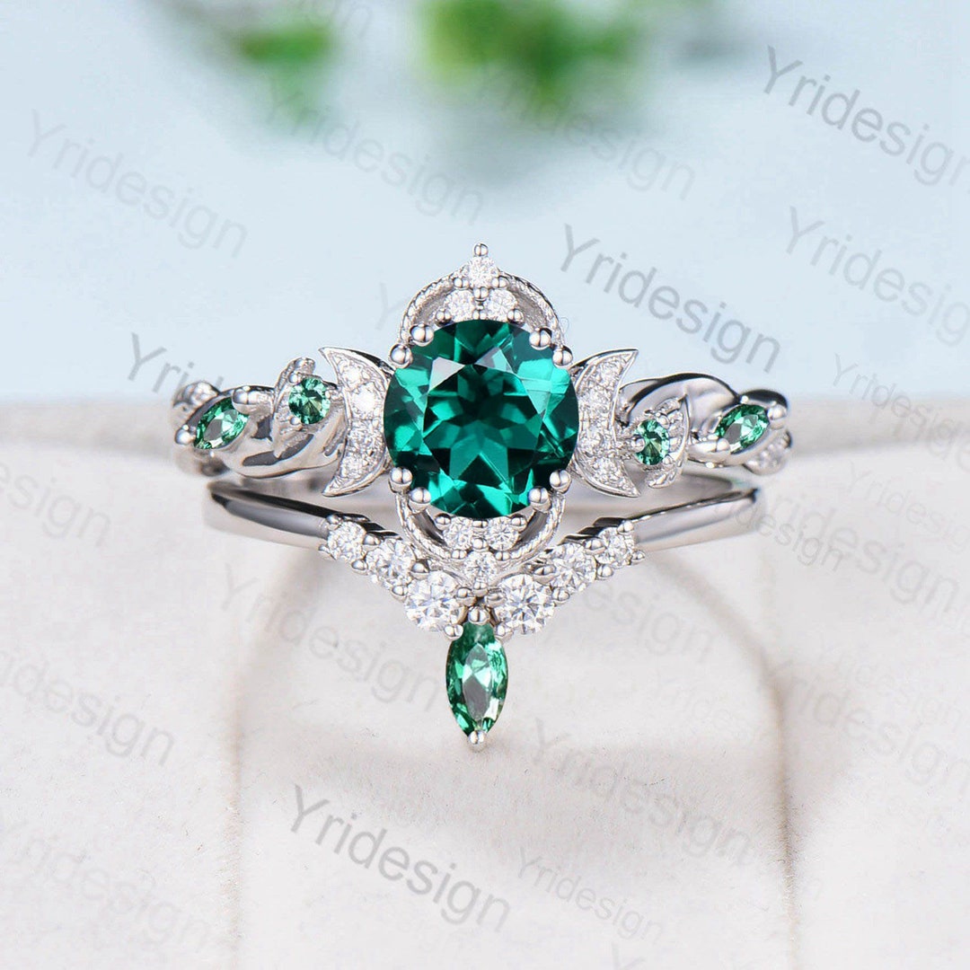 Vintage Emerald Engagement Ring Set Unique Leaves Nature Inspired ...