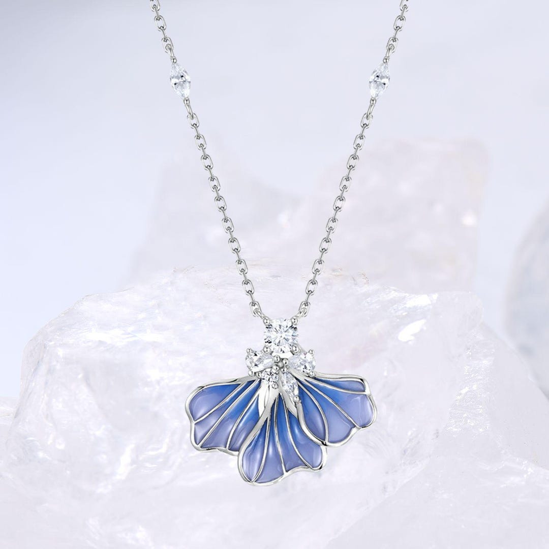 Unique Blue Iris Pendant Necklace Enamel Clavicle Pendant Silver 14k ...