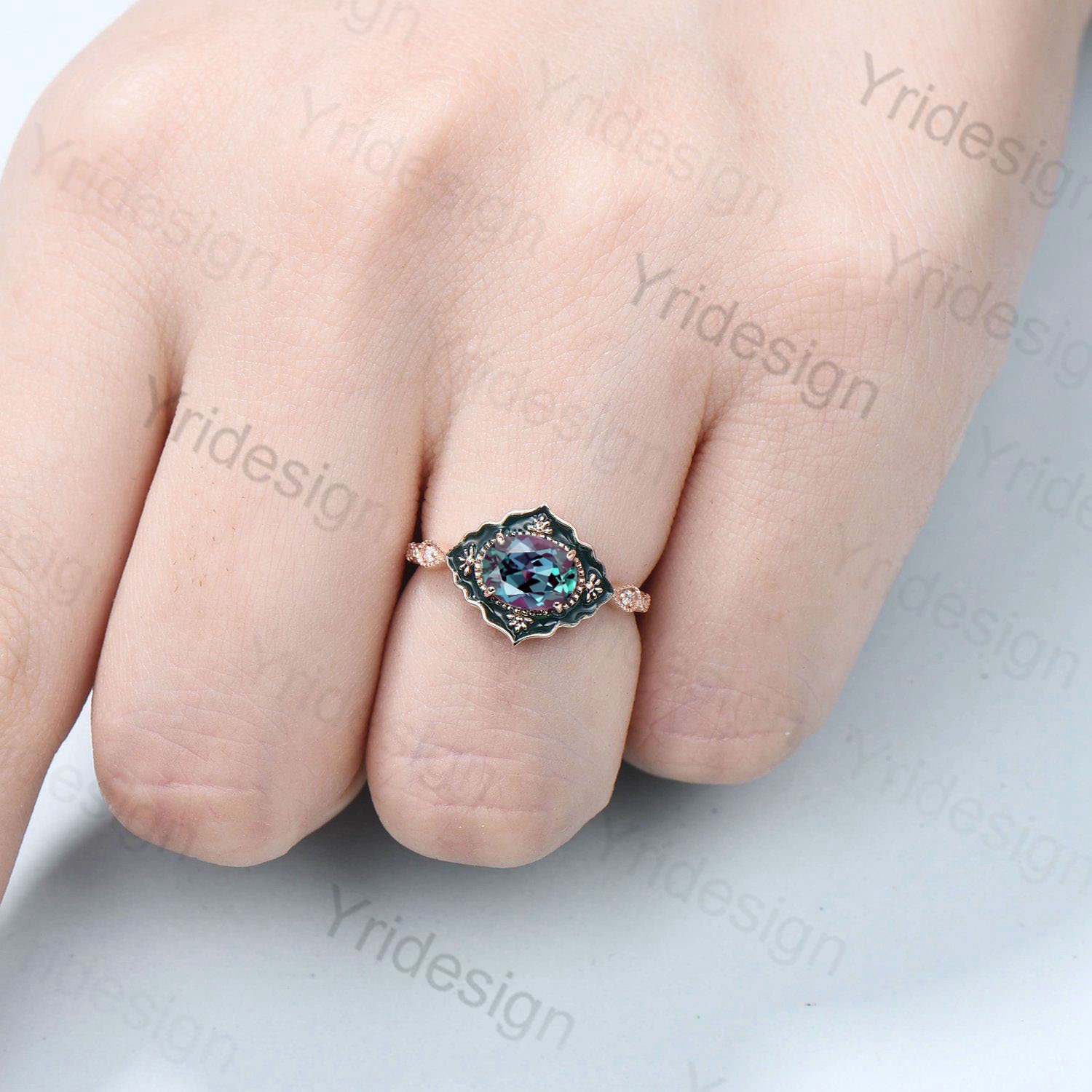 Vintage Alexandrite Engagement Ring Unique Enamel Green Stone - Etsy