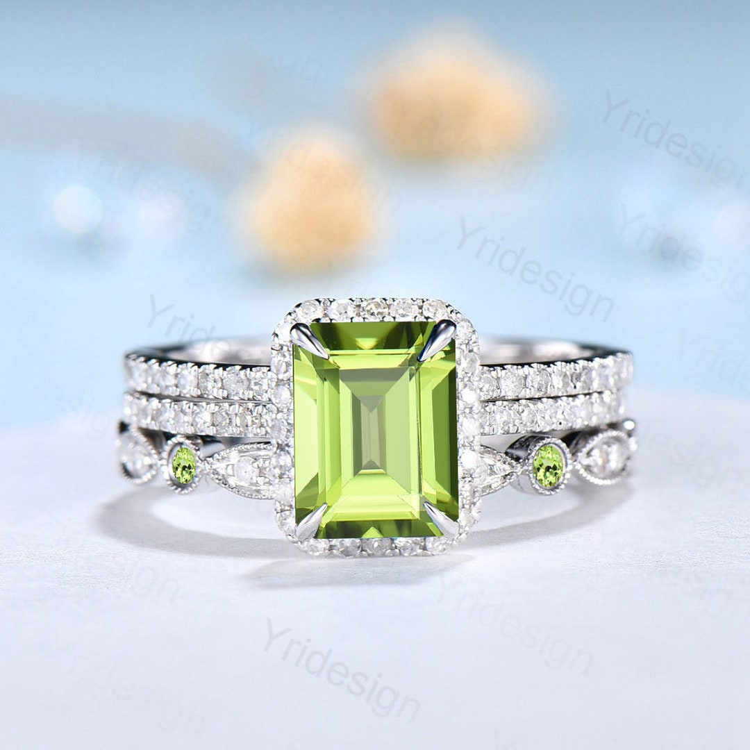 Emerald Cut Peridot Ring 2CT Engagement Ring Set Halo Diamond Solid ...