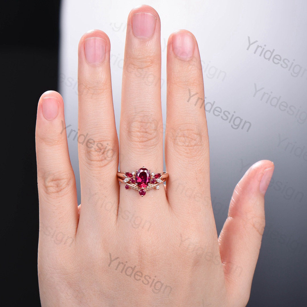 Oval Ruby Wedding Ring Set Rose Gold Ruby Diamond Engagement - Etsy