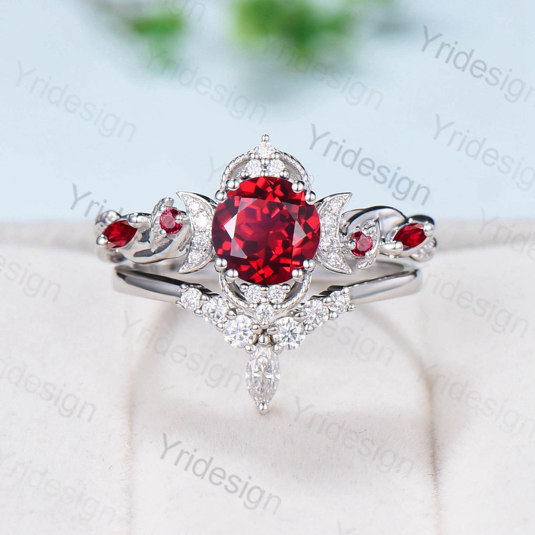 Vintage Red Ruby Engagement Ring Set Unique Leaves Nature Inspired ...