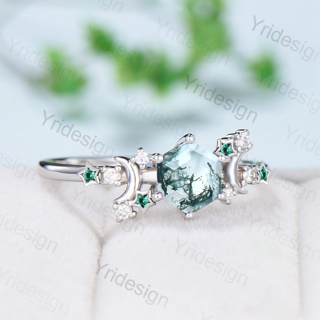 Galaxy Star Moss Agate Engagement Ring Crescent Moon Hexagon Cut Green ...