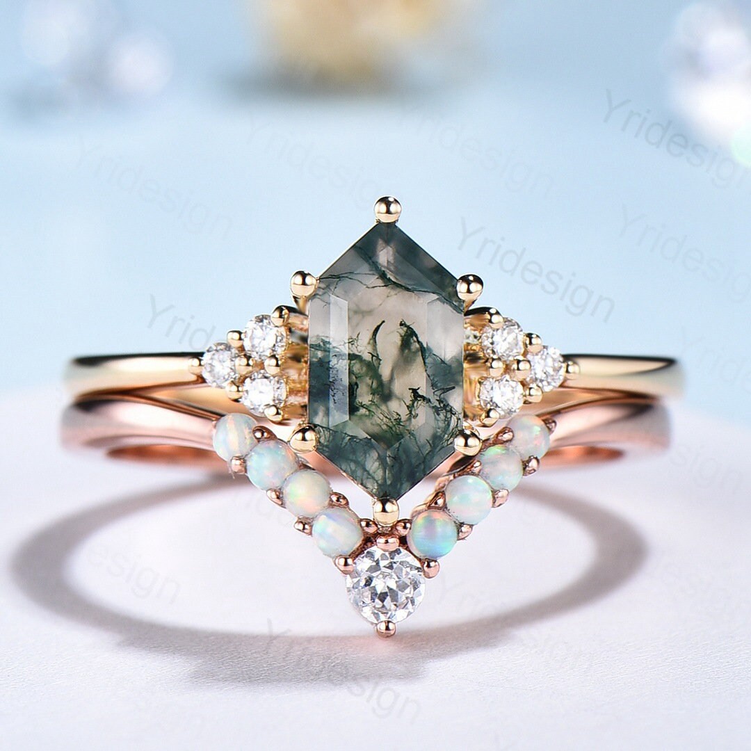 Unique Hexagon Moss Agate Ring Women Vintage Green Moss Agate ...