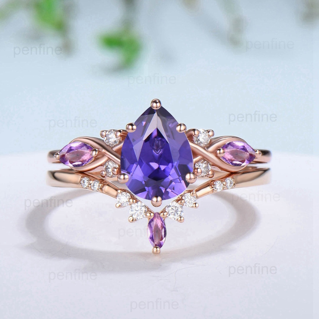Elegant Pear Shaped Purple Sapphire Ring Set Vintage Unique Infinity ...