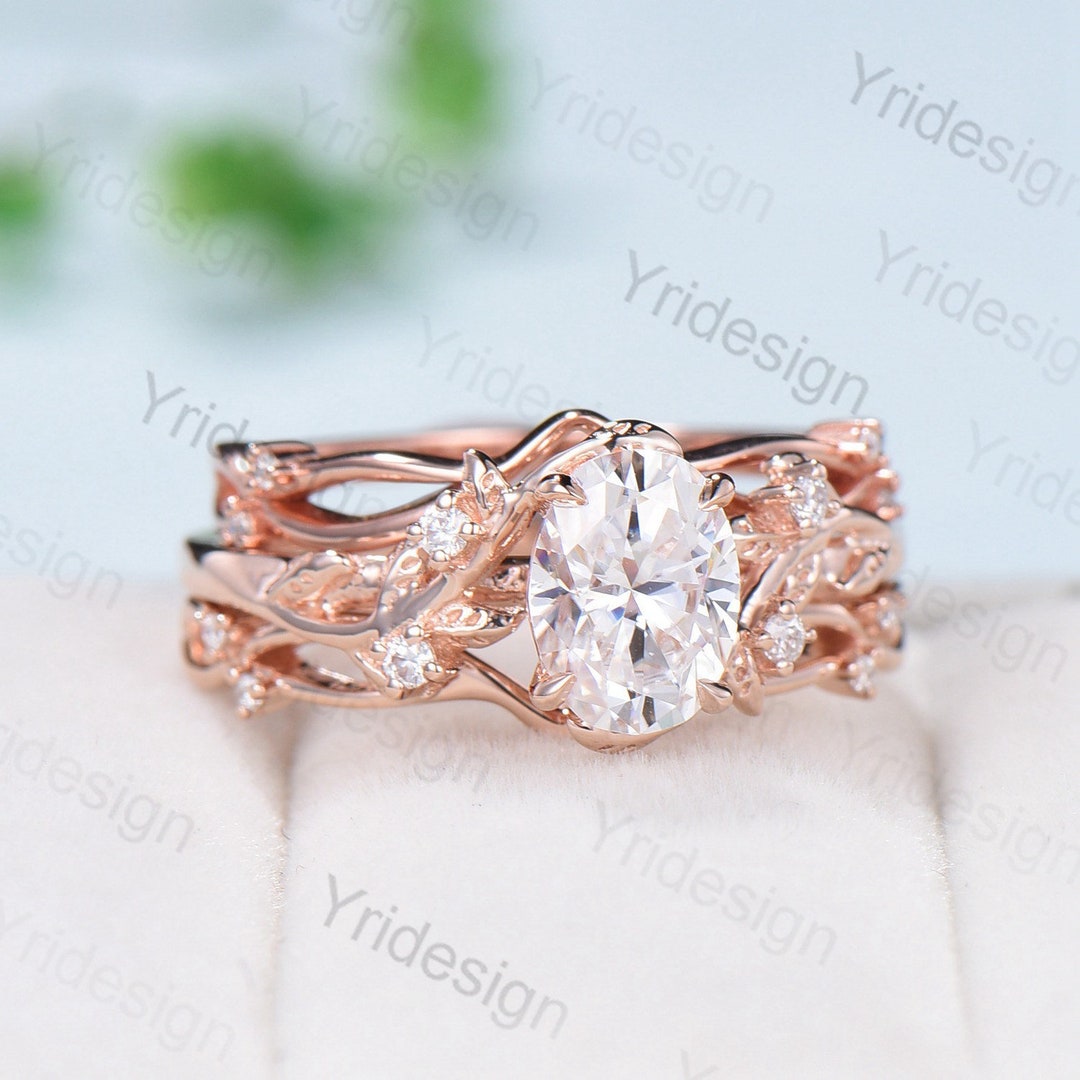 3pcs Nature Inspired Oval Moissanite Engagement Ring Set Cluster Branch ...