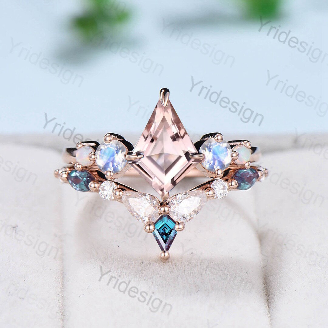 Vintage Kite Cut Morganite Engagement Ring Set, Moonstone Opal Crown ...