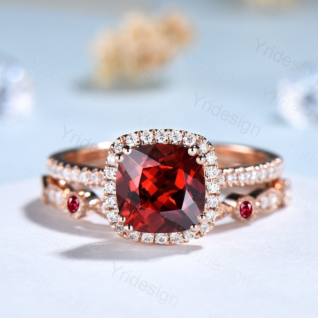 Cushion Cut Garnet Wedding Ring Set 14k Rose Gold Vintage Antique ...